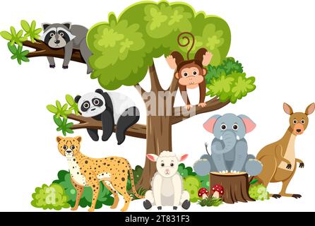 Wild animals happily living together in a vector cartoon forest Stock ...