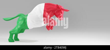 Horizontal banner of a bull with Italy flag on plain empty grey ...