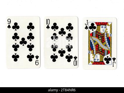 Vintage playing cards showing a run of three, four and five of clubs on ...