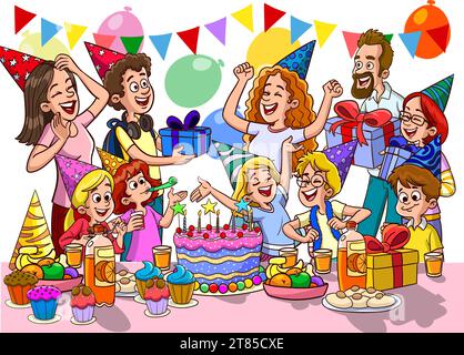 Cartoon kids party poster with big table sweets and gifts on birthday ...