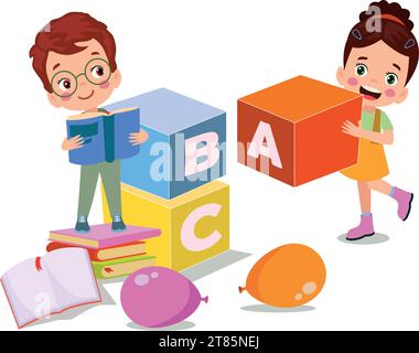Vector illustration of cute kids with Abc blocks, abc letters Stock ...