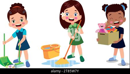 Housework children help. Kids washing living room with parents cleaning ...