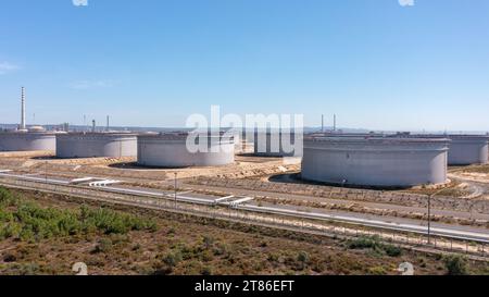 Portugal Sines oil terminal storage tanks, aerial view, oil and gas ...
