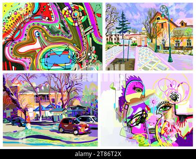 Four digital paintings. Original contemporary artwork, vector ...