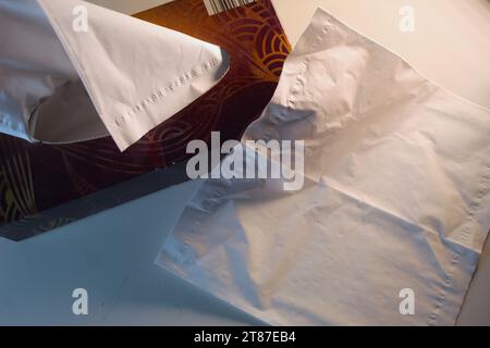 A photo of a rectangular tissue box for colds and flus on a white desk ...