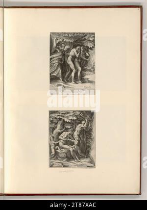 Adam and Eva after the expulsion from Paradise, 1660 print Eva is sitting under a tree with her ...