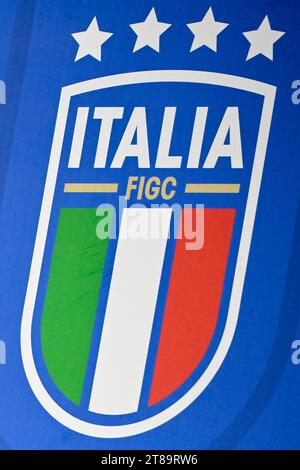 The italian football federation FIGC logo is displayes as spectators ...