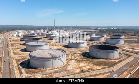 Portugal Sines oil terminal storage tanks, aerial view, oil and gas ...