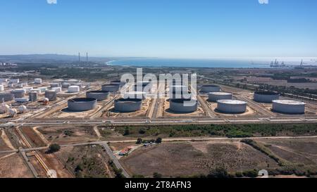 Portugal Sines oil terminal storage tanks, aerial view, oil and gas ...