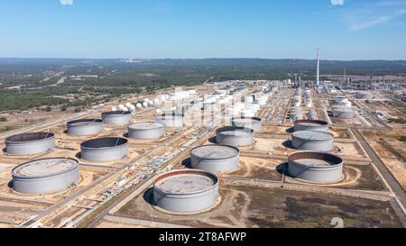 Portugal Sines oil terminal storage tanks, aerial view, oil and gas ...