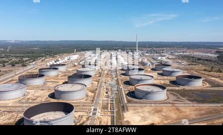 Portugal Sines oil terminal storage tanks, aerial view, oil and gas ...