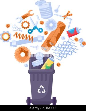 Old unwanted rusty iron Items fall into open trash can. Heap of old ...