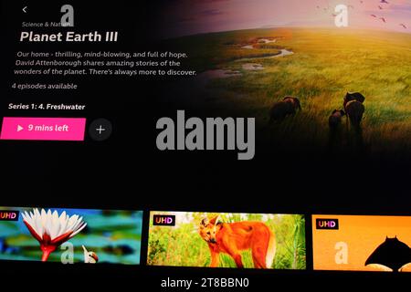 Planet Earth on BBC IPlayer shown on a television (TV) screen at home ...
