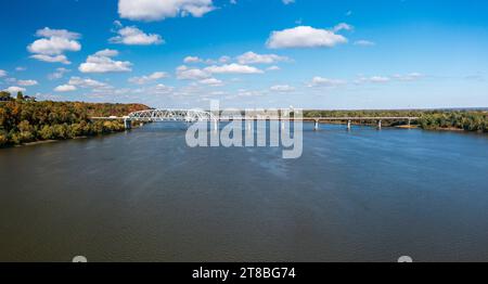 Aerial view of the Mark Twain Memorial highway river bridge and Wabasha ...