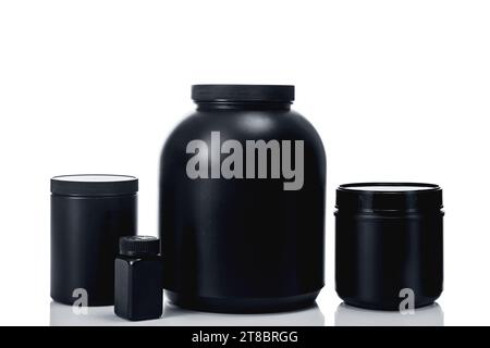 Fitness nutrition packages with empty space for design over white ...