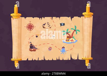 Cartoon pirate treasures map. Vector worn fantasy vintage parchment ...