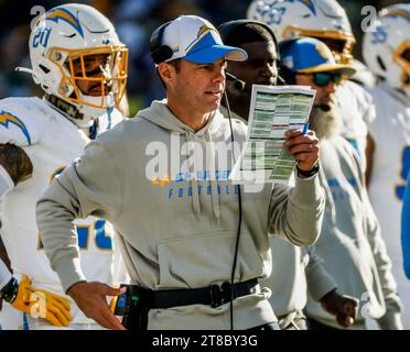 Los Angeles Chargers head coach Jim Harbaugh watches from the sideline ...