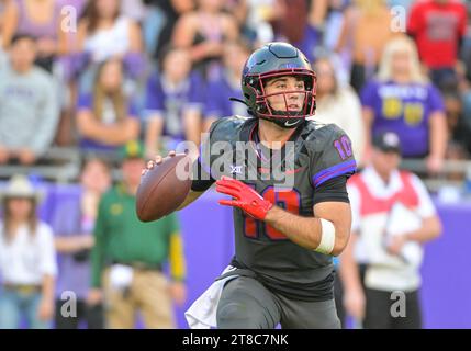 TCU quarterback Josh Hoover rolls out during the first half of an NCAA ...