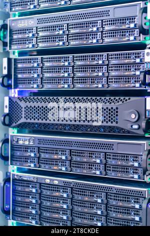 Panel modern servers in the data center. Supercomuter telecommunication ...
