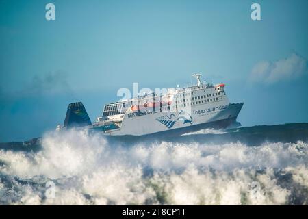 Interislander line ferry travels out of Wellington Harbour into Cook ...