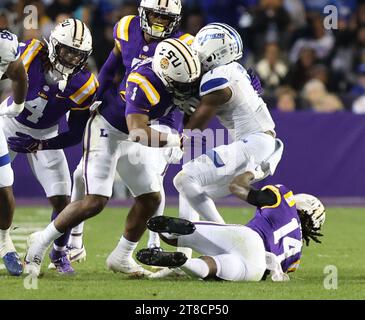 LSU safety Andre' Sam (14) celebrates a defensive stop in the second ...