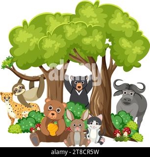 Various wild animals coexisting harmoniously beneath a tree Stock ...