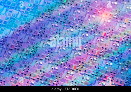 background of silicon wafer semiconductor with neon color, integrated ...