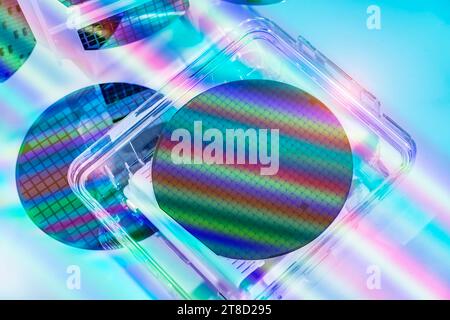 silicon wafer semiconductor with neon color, integrated circuits to ...