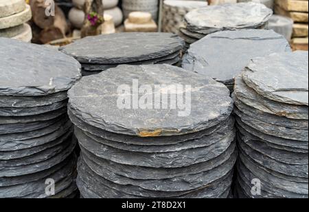 Stack flat slate stones cladding of wall used for flooring, walkways or ...