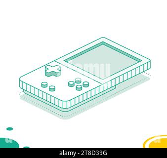 Isometric portable handheld retro gaming console with buttons. Outline ...