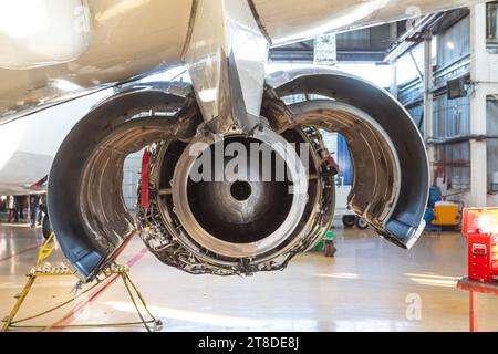 Rear view of the open high-bypass turbofan aircraft engine of a ...