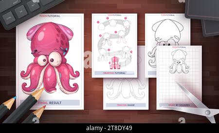 How to Draw a Squid. Step by Step Drawing Tutorial. Draw Guide. Simple ...