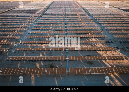 Aerial view of industrial sized solar panel farm, California desert ...