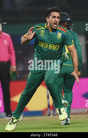 Tabraiz Shamsi of South Africa celebrates his wicket with David Miller ...