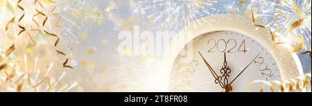2024 Happy New Year clock countdown background. Smart phone with sparkling water abstract ...