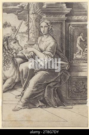 Albrecht Dürer Mary with long hair on the crescent moon. Copper ...