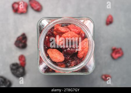 Top view red cranberries inside a transparent jar, with black ...