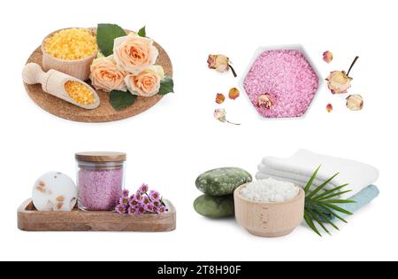 Different sea salt isolated on white, top view Stock Photo - Alamy