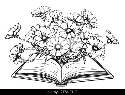 Open Book with Flowers Inside, Hand Drawn Sketch Illustration Stock ...