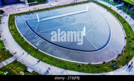 Aerial view on Wroclaw multimedia fountain, people walking (on large ...