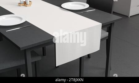 Blank white table runner and dishes mockup, interior background, 3d ...
