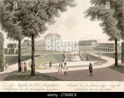 Ferdinand Runk Castle courtyard, seen from the garden. Etching, colored ...