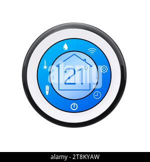 Thermostat displaying temperature in Celsius scale and different icons. Smart home device on ...