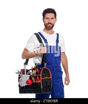 Professional plumber with tool bag on white background Stock Photo - Alamy