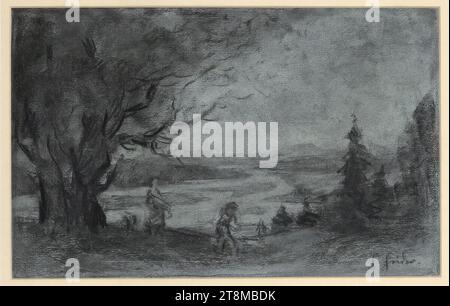 Hans Heider Wide river landscape, seen from a hill with a large tree ...