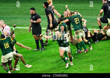 Handre Pollard Deon Fourie and Faf de Klerk celebrating victory during ...