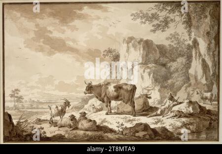 Joseph Rosa Shepherd with herd on a small rocky hill, wide landscape in ...