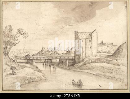 Hans Bol River landscape with wooden bridge and tower. Feder in brown ...