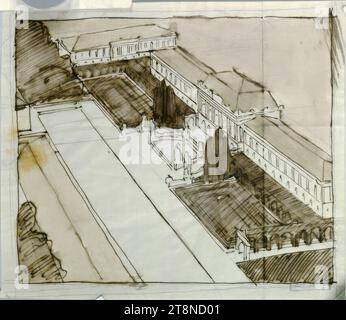 Draft of a palatial building with space design in front, perspective ...