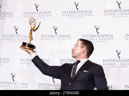 Phil Breslin poses in the press room with the Emmy for Kids: Factual ...